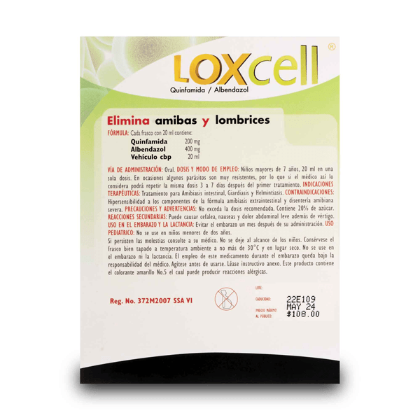 LOXCELL QUINFAMIDA / ALBENDAZOL 200/400MG JUNIOR SUSPENSION 1 PIEZA ...